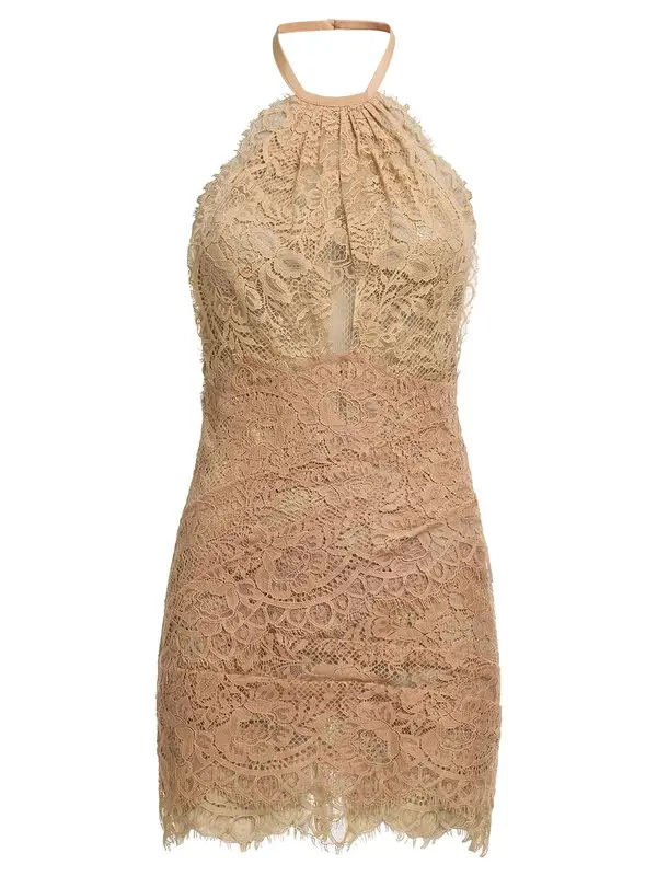 Elie Saab Halter Top Lace Mini Dress - Tan