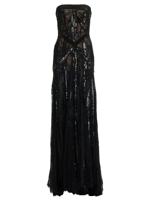 Elie Saab Beaded Lace Maxi Dress - Black