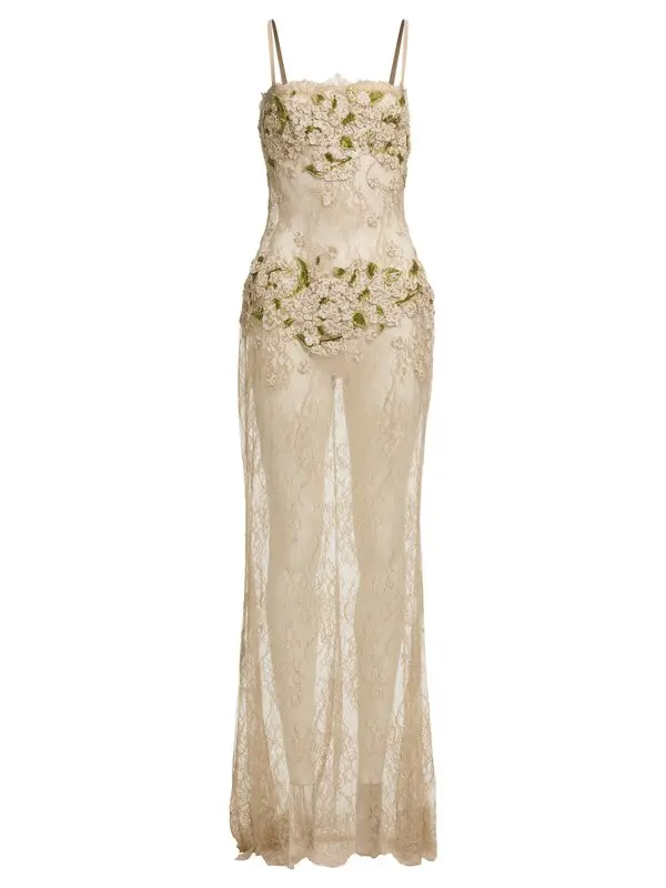 Elie Saab Floral Embellished Lace Maxi Skirt - Nude