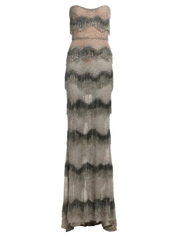 Elie Saab Tiered Beaded-fringe Silk-blend Maxi Dress - Silver