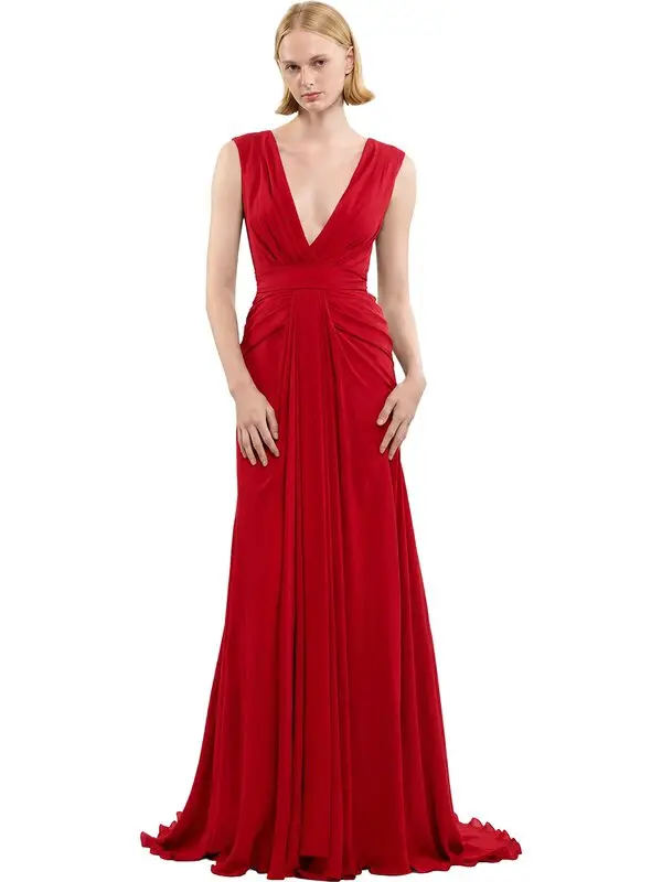 Elie Saab Draped V-neck Silk Maxi Dress - Red