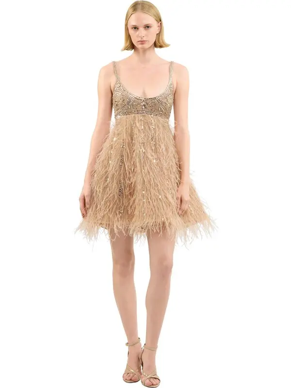 Elie Saab Embellished Feather-trimmed Mini Dress - Tan