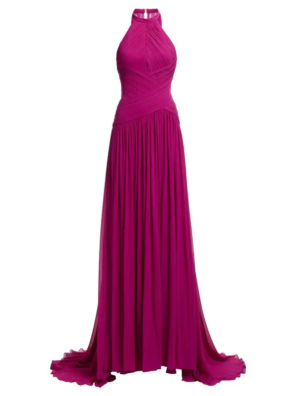 Elie Saab Halter Top Wrapped Bodice Silk-blend Maxi Dress - Pink
