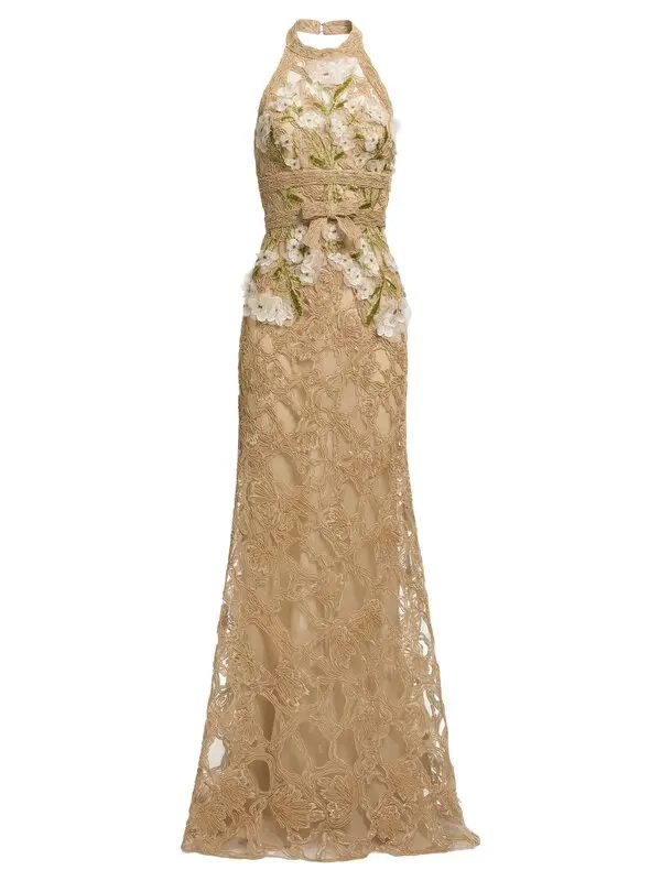 Elie Saab Halterneck Gown With Floral Raffia Embellishments - Neutral