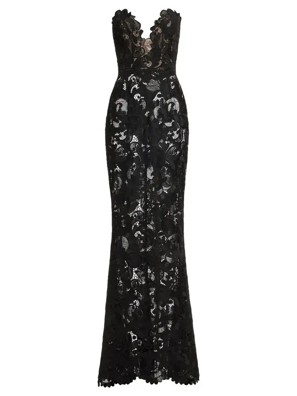 Elie Saab Strapless Lace Maxi Dress - Black