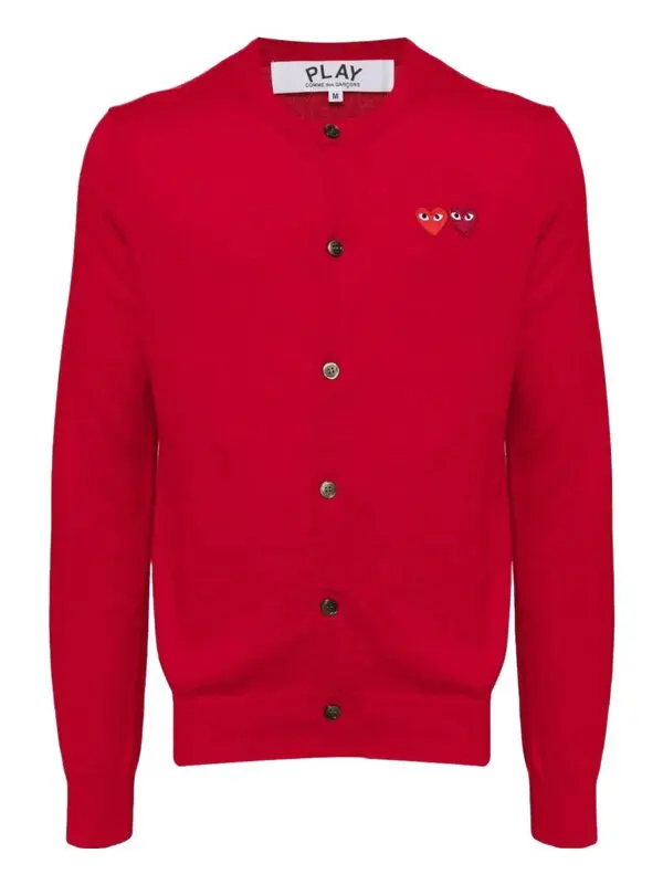 Play Comme Des Garcon Crewneck Knitted Cardigan With Heart Appliqu - Red
