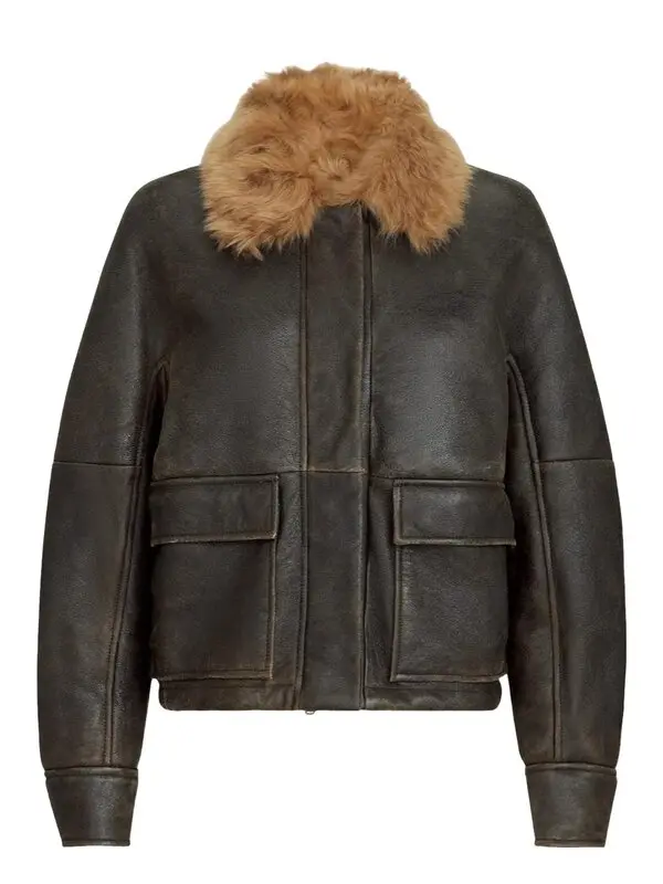 Brunello Cucinelli Shearling Aviator Jacket With Monili - Black