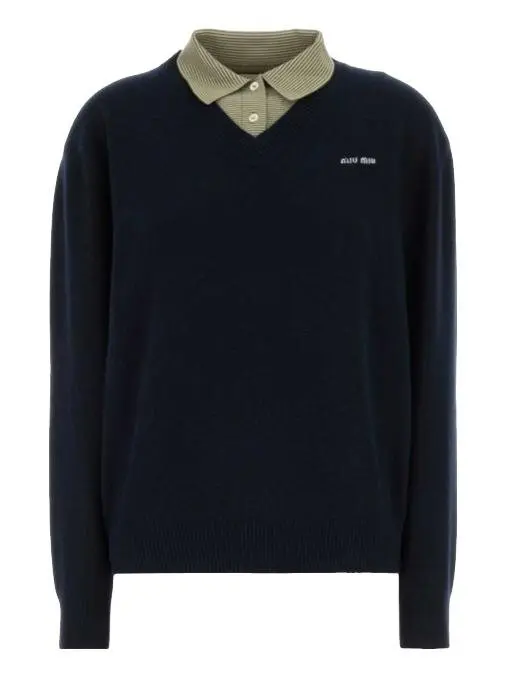 Miu Miu Long Sleeve Knitwear With Collared Neckline - Black