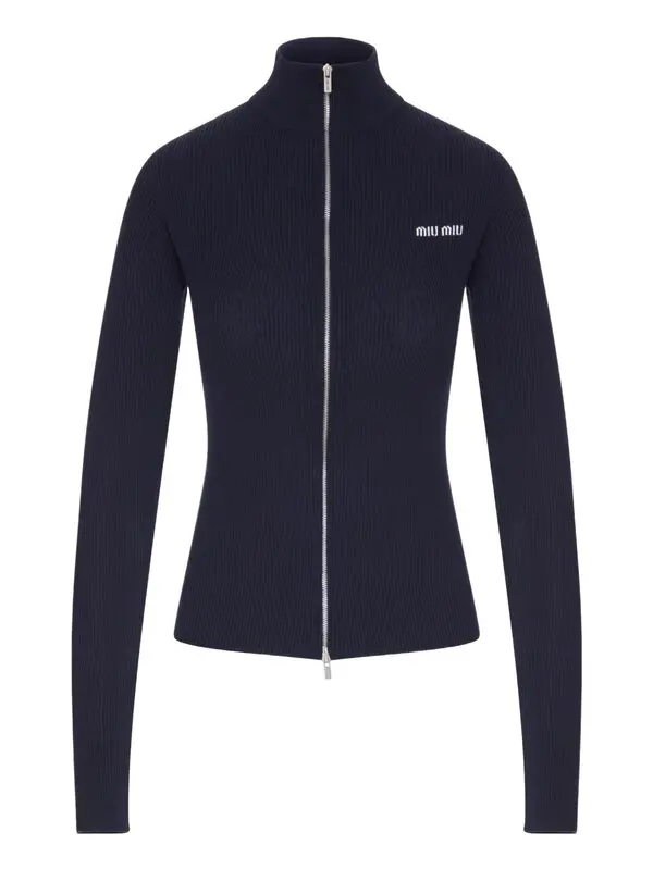 Miu Miu Logo-embroidered Zip-up Cardigan - Navy Blue