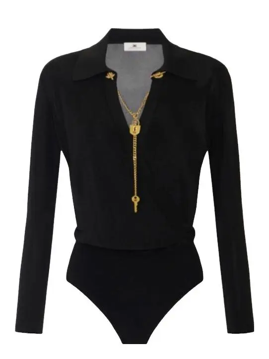 Elisabetta Franchi Viscose Yarn Bodysuit With Jewel Chain - Black
