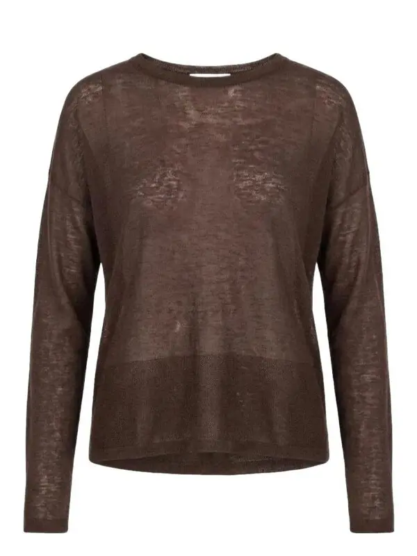 Closed Crew Neck Long Sleeve Wool Sweater - Reddish-brown