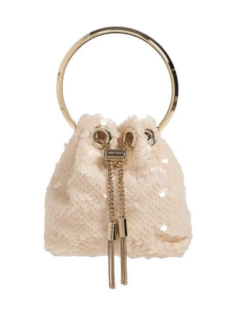 JIMMY CHOO Sequined Drawstring Handbag With Hoop Handle - Nude