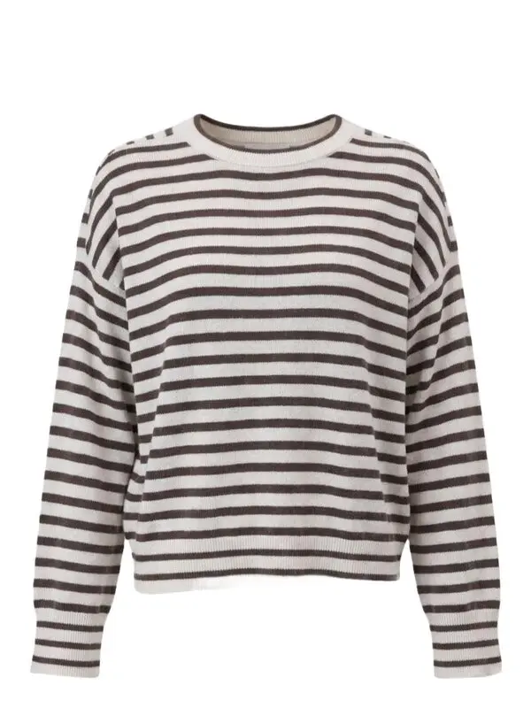 Closed Long-sleeved Striped Pullover - Reddish-brown