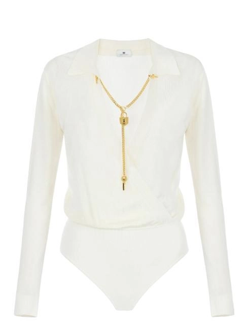 Elisabetta Franchi Viscose Yarn Bodysuit With Jewel Chain Detail - Cream