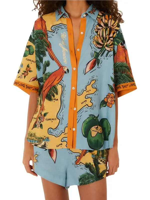 Farm Rio Button-down Shirt With Lapel Collar And Contrasting Piping - Multicolor
