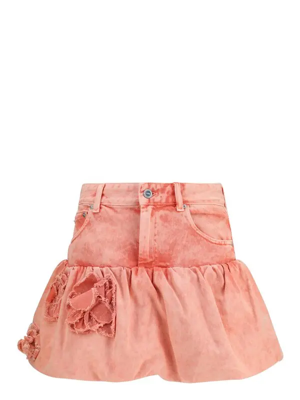 GANNI Mini Bubble Skirt With Appliqué Roses In Distressed Denim - Pink