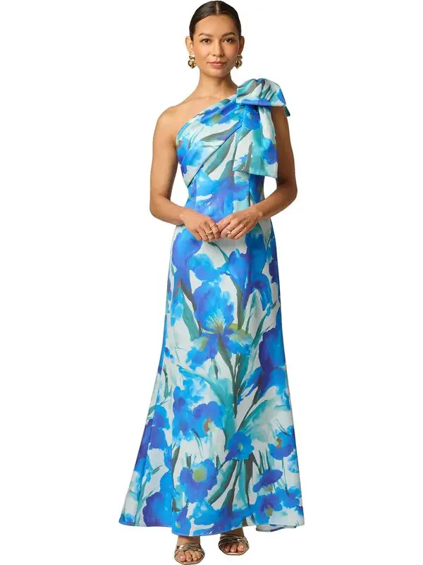 Adrianna Papell Petite One Shoulder Floral Print Mermaid Gown - Blue Multi