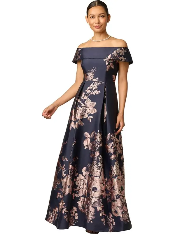 Adrianna Papell Petite Off Shoulder Metallic Floral Jacquard Gown In Navy Blush - Navy/blush