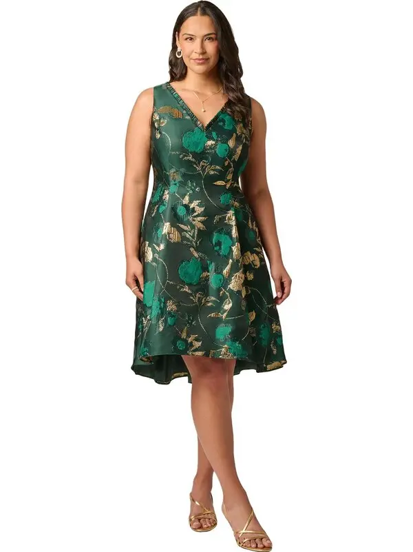 Adrianna Papell V-neck Metallic Jacquard Fit And Flare Midi Dress - Hunter/gold