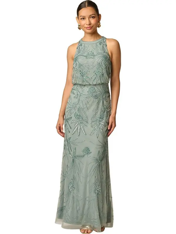 Adrianna Papell Petite Beaded Halter Blouson Long Dress - Sage