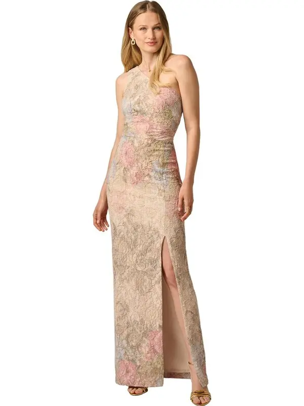 Adrianna Papell One Shoulder Floral Matelasse Column Gown - Blush Multi