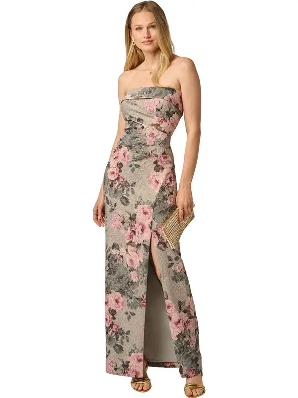 Adrianna Papell Strapless Floral Matelasse Column Gown - Slate/blush Multi