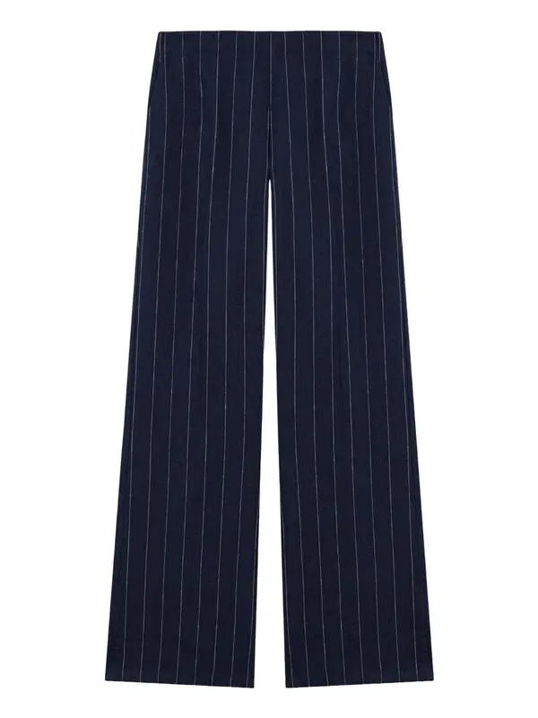 NOCTURNE Navy Pinstripe Wide Leg Linen Trousers - Blue