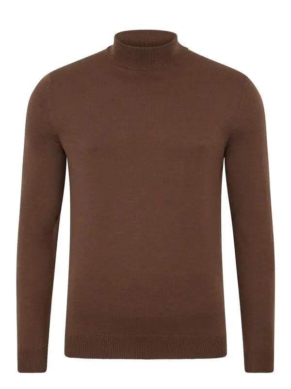 PAUL JAMES KNITWEAR Extra Fine Merino Wool Mock Turtleneck Jumper - Brown