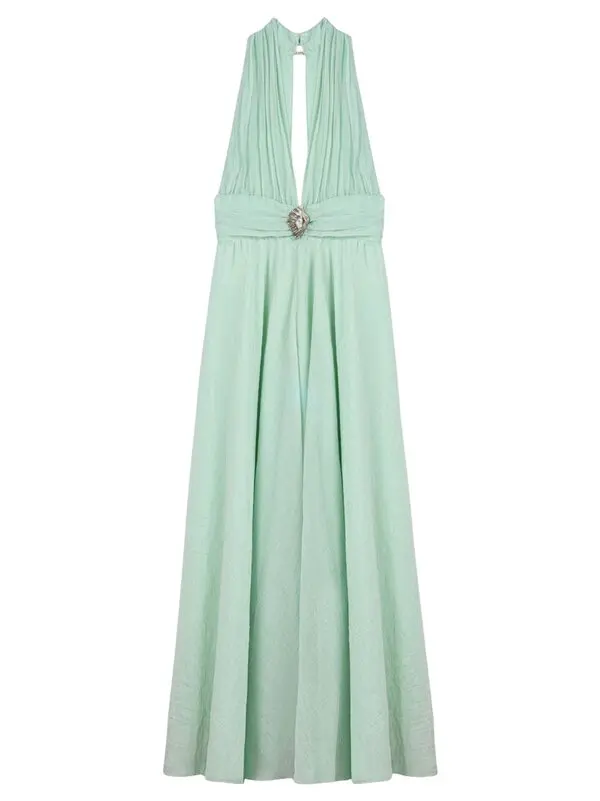 NOCTURNE Halterneck Maxi Dress With Brooch Detail - Green