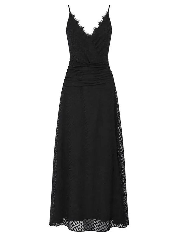 EXQUISE Emely Maxi Dress With V-neck And Lace Accents - Black