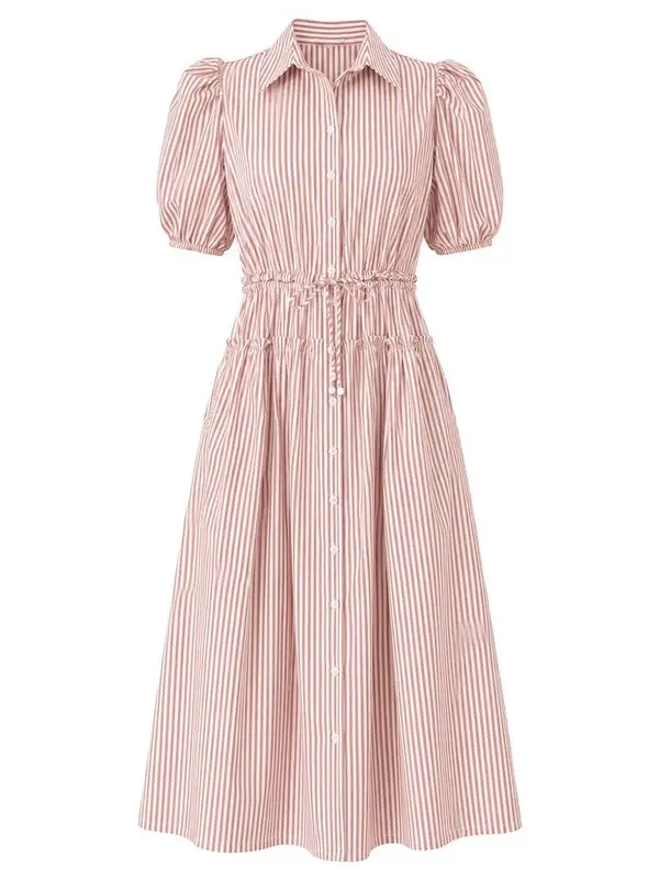 EXQUISE Legacy Midi Shirt Dress With Balloon Sleeves - Pink
