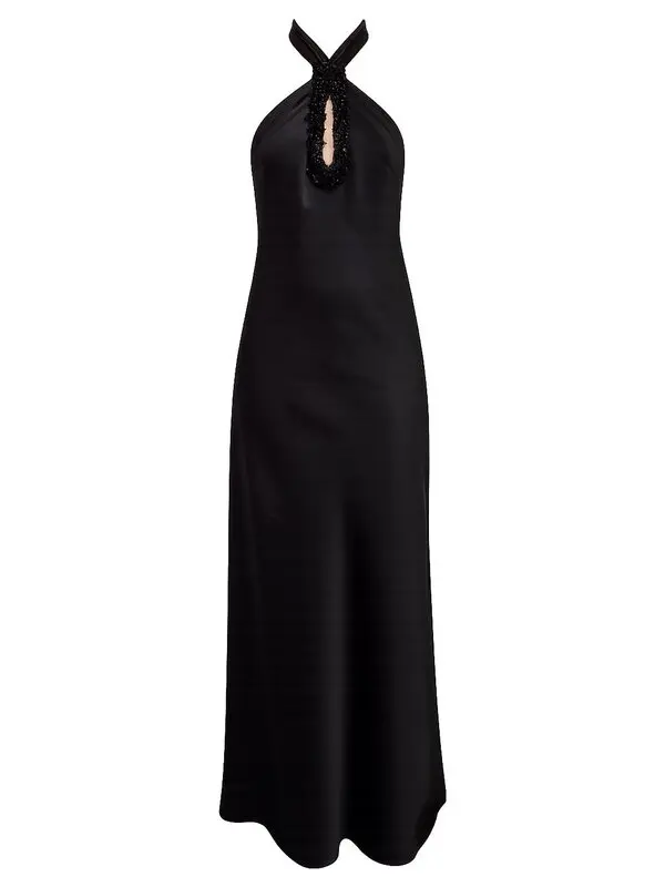EXQUISE Satin Maxi Dress With Beaded Halter Neckline - Black