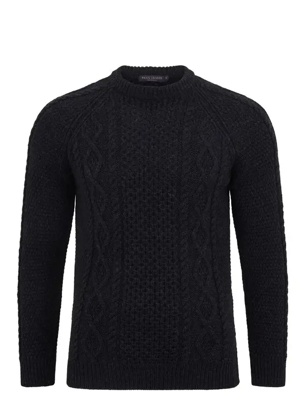 PAUL JAMES KNITWEAR Chunky Merino Wool Fisherman's Jumper - Black