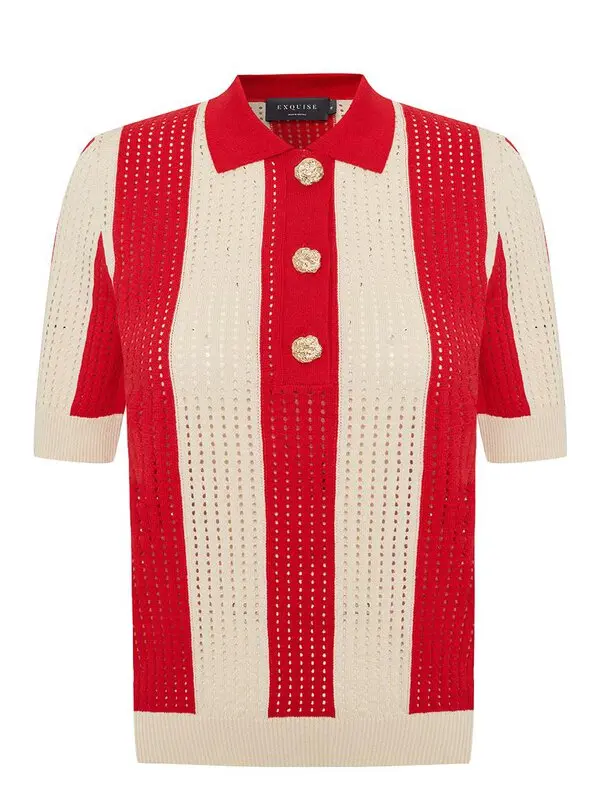 EXQUISE Harlow Knit Blouse - White/red