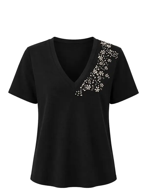 EXQUISE Mallory V-neck T-shirt With Floral Embellishment - Black