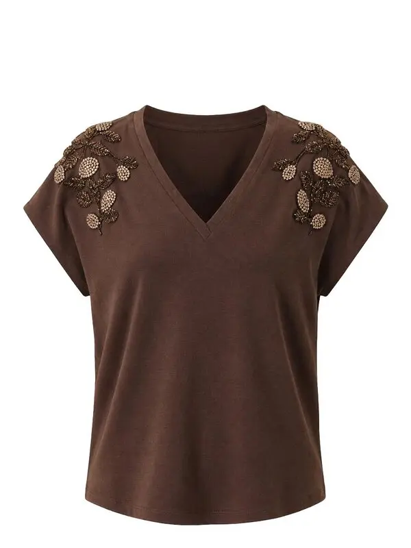 EXQUISE Oaklyn V-neck T-shirt With Embellished Shoulders - Brown