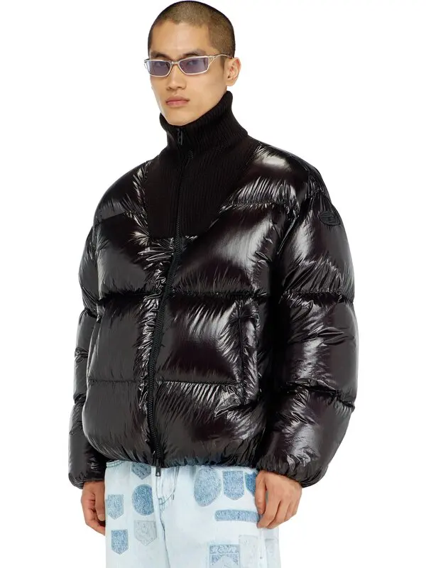 DIESEL® Ripstop Down Puffer Jacket With Ribbed High Neck - Black