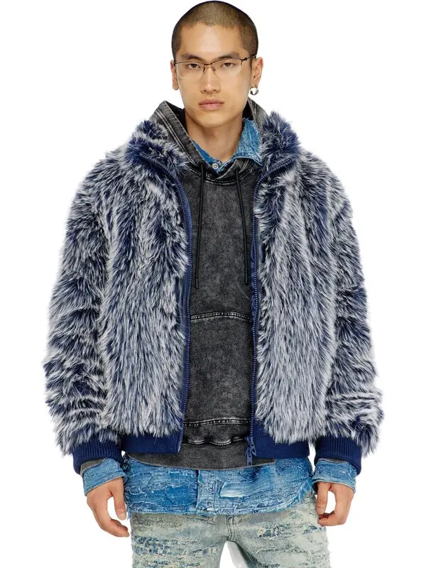 DIESEL® Shaggy Faux Fur Bomber Jacket With Stand Collar - Blue