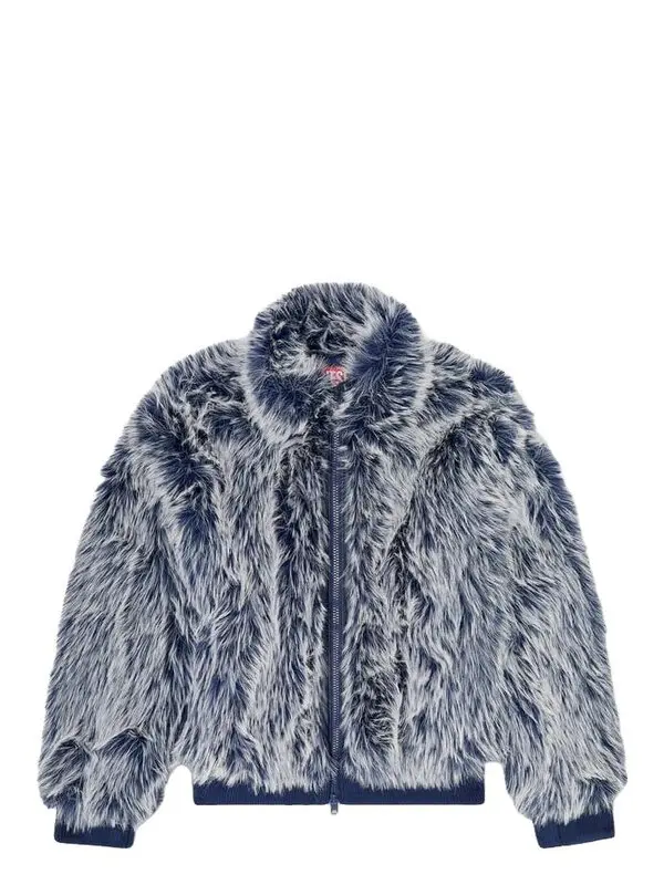 DIESEL® Shaggy Faux Fur Bomber Jacket With Stand Collar - Blue