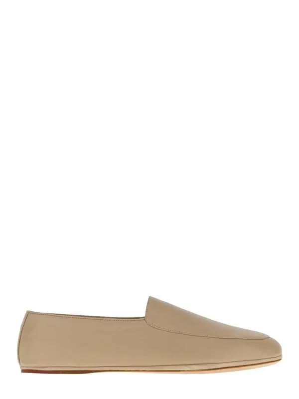 Loro Piana Smooth Lambskin Flat Loafers With Metallic Logo - Sand