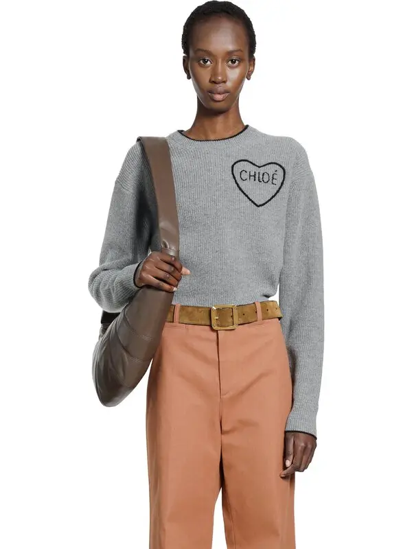 Chloé Wool Knit Cropped Sweater With Embroidered Heart Logo - Grey