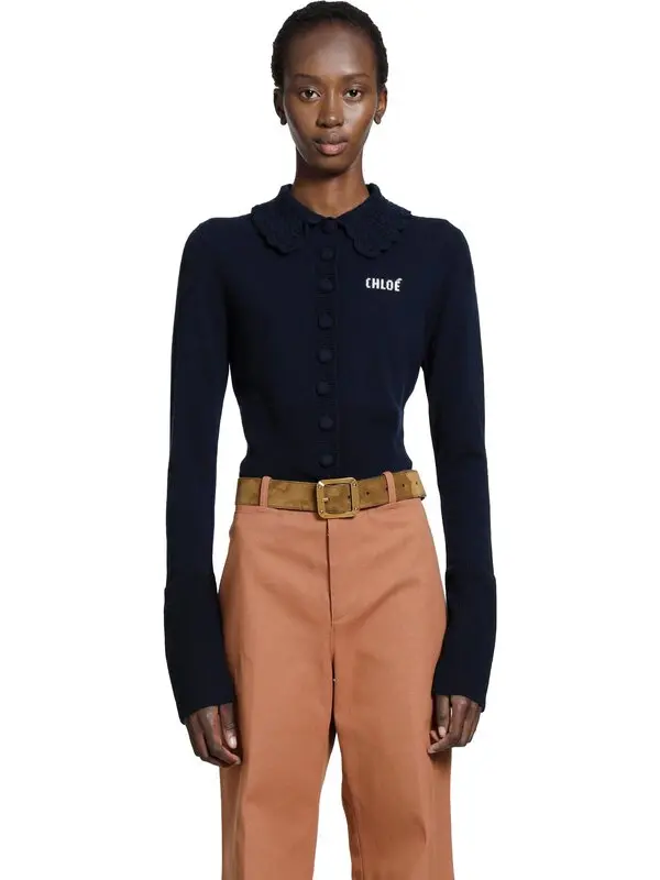 Chloé Logo Embroidered Wool Cardigan - Blue