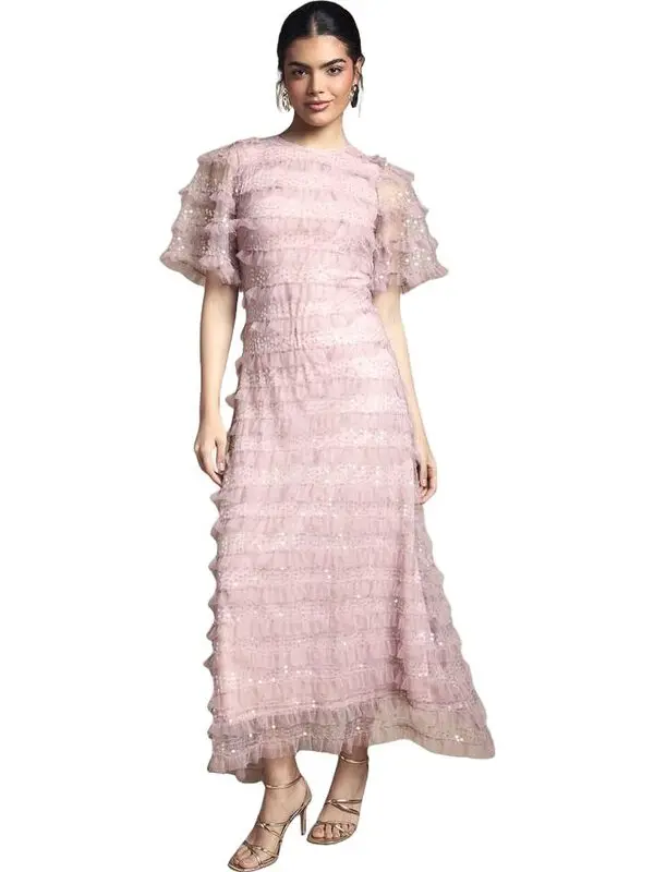 OASIS Sequin Ruffle Detail Maxi Dress - Pink