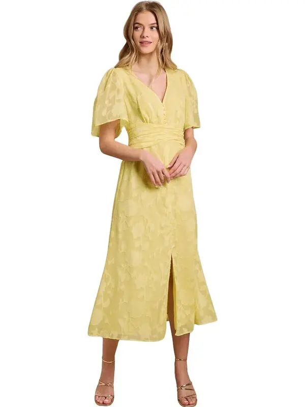 OASIS Button Jacquard Midi Dress With V-neckline And Puff Sleeves - Butter