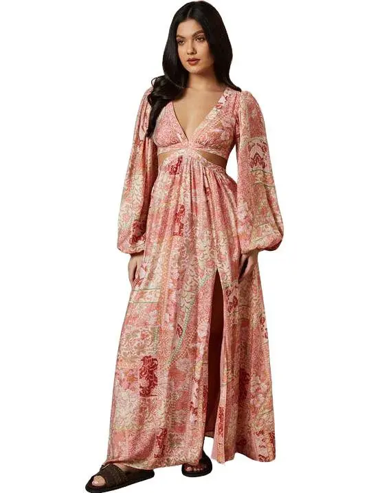 OASIS Long Sleeve Printed Maxi Dress With Side Cutouts - Pink