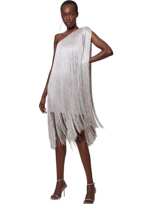 Karen Millen Petite Fringe One-shoulder Mini Dress - Silver