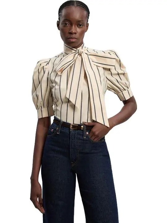 Karen Millen Striped Pussy Bow Blouse With Puff Sleeves - Stripe
