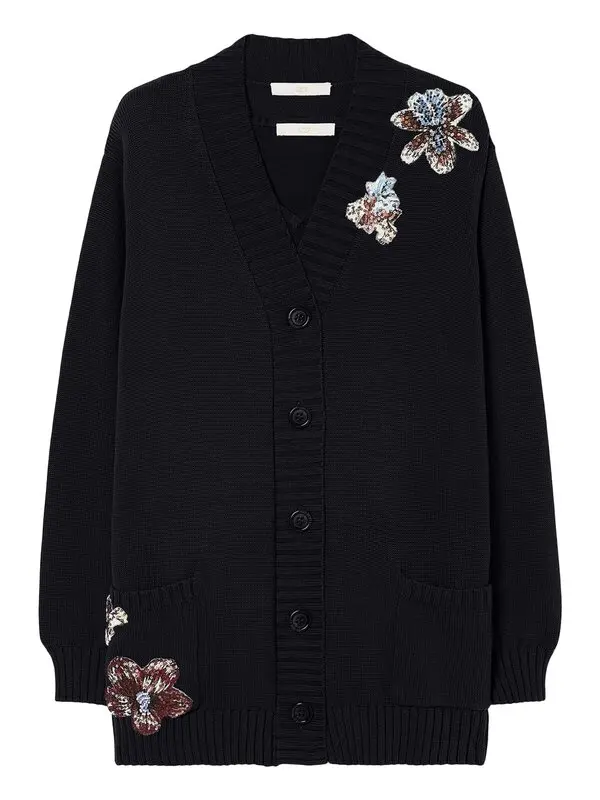 Marina Rinaldi Cotton Embellished V-neck Top And Cardigan Set - Navy