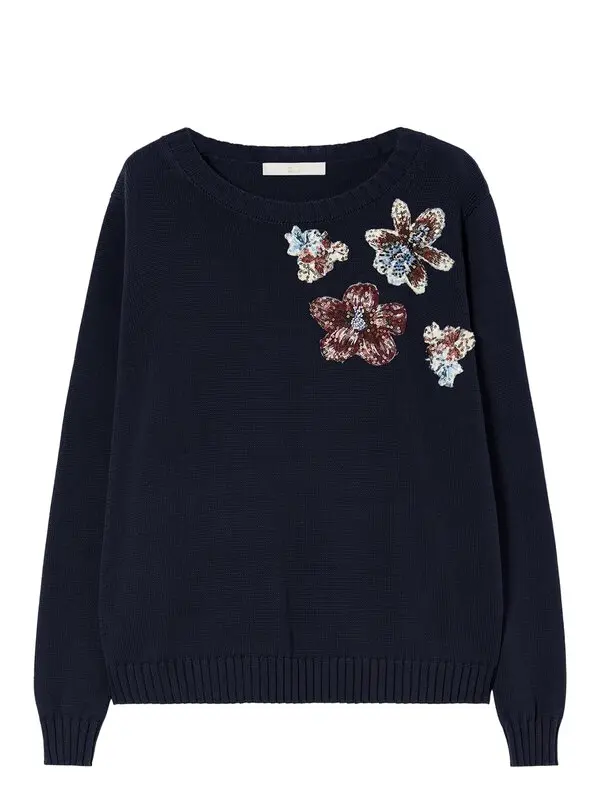 Marina Rinaldi Cotton Sequin Embellished Sweater - Navy