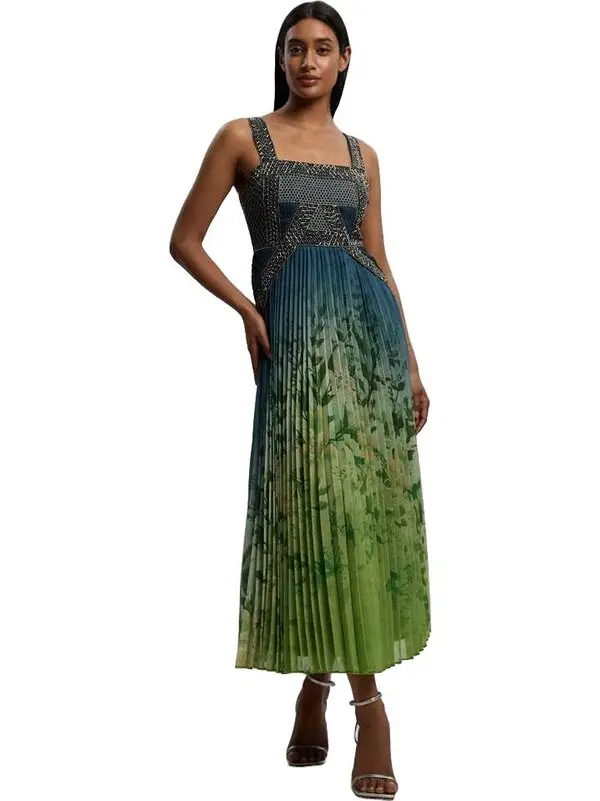 Karen Millen Embellished Ombre Floral Pleated Maxi Dress - Navy